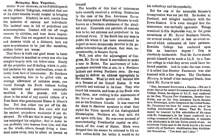 New York Times “bringing Men Together ” August 17 1858 House Divided